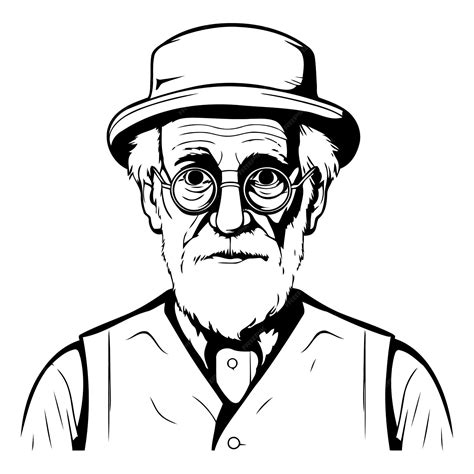 Old Man In A Hat And Glasses Black And White Vector Illustration