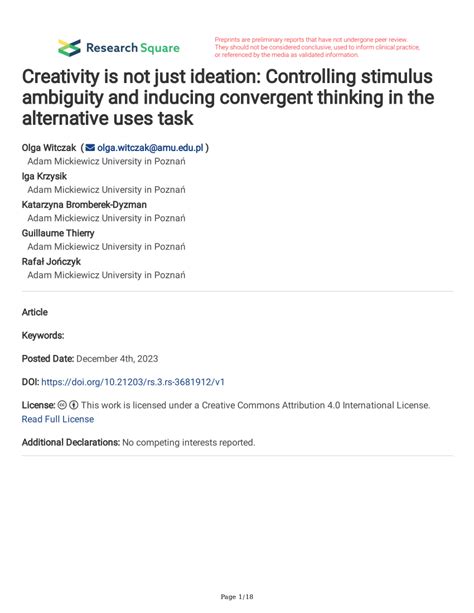 Pdf Creativity Is Not Just Ideation Controlling Stimulus Ambiguity And Inducing Convergent
