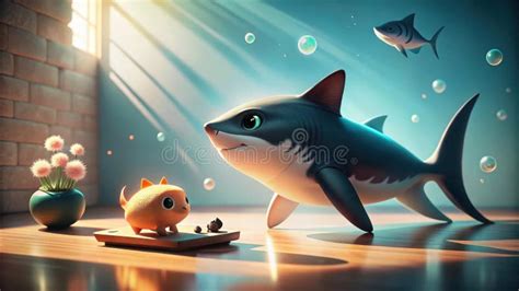 A Cute Cartoon Shark And Kitten Share A Moment Of Tranquility In A
