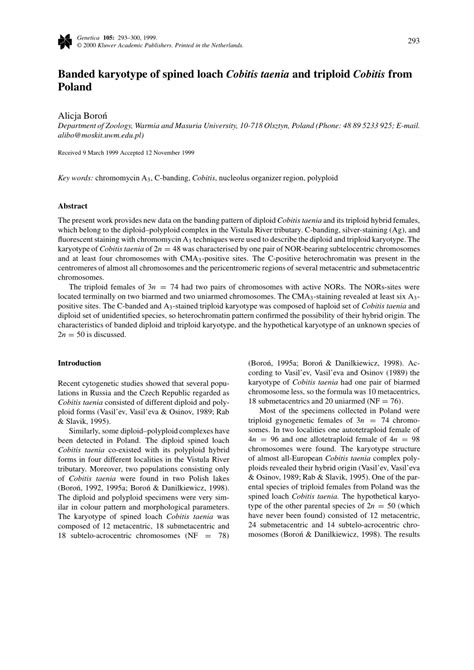Pdf Diploid Polyploid Complex Of Spined Loach Cobitis Taenia Sensu