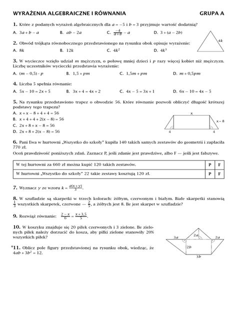 Praca Klasowa Wyrazenia Algebraiczne I Rownania 8 Klasa 1 Pdf