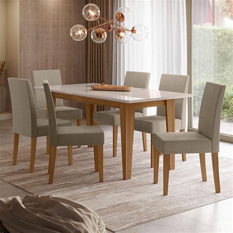 Mesa De Jantar 160cm Liz Com Vidro Carvalho Off White E 6 Cadeiras Josi