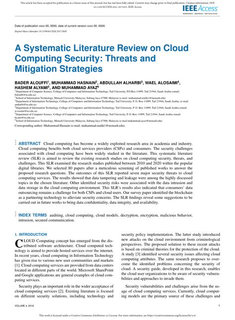 Pdf A Systematic Literature Review On Cloud Computing Security Threats And Mitigation Strategies