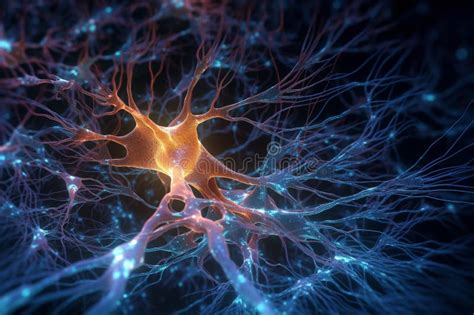 Neural Network Made Of Neurons With Connected Bioluminescent Elements Featuring A Close Up