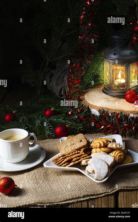 Different Types Of Biscuits With Rustic Christmas Decorations Stock