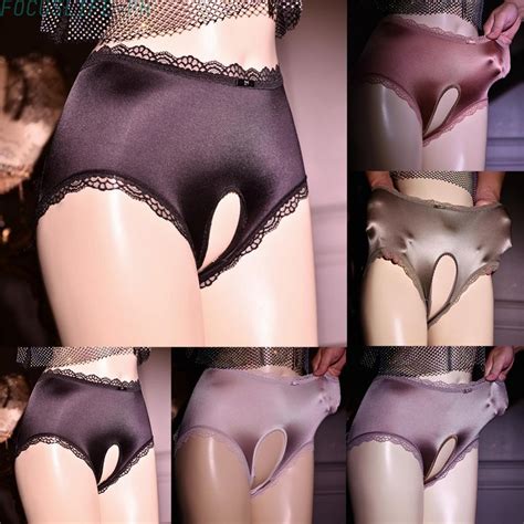 Satin Knickers With Crotchless Lace Womens Ice Silk Briefs For