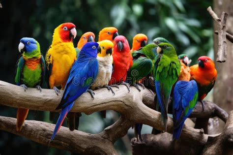 Many Colourful Different Tropical Birds Sitting Together On A Branch