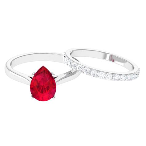 Lab Created Ruby Wedding Ring Set With Moissanite In Gold Aaaa Grade 18k White Gold Us 9 50
