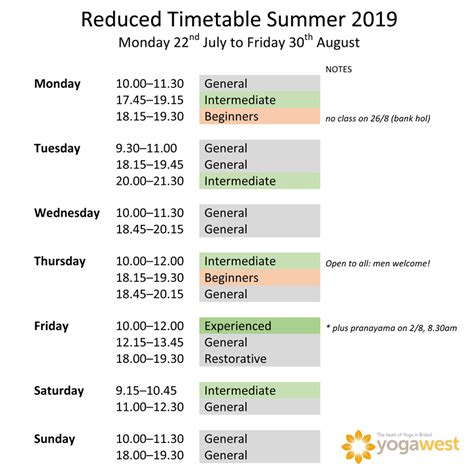 Reduced Timetable Summer 2019 Yogawestyogawest