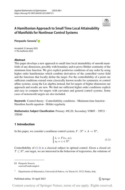 Pdf A Hamiltonian Approach To Small Time Local Attainability Of Manifolds For Nonlinear