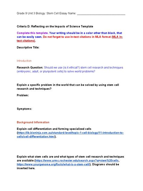 Grade 9 Stem Cell Criteria D Reflecting On The Impacts Of Science