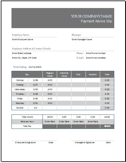 Employee Payment Advice Template For Excel Download File