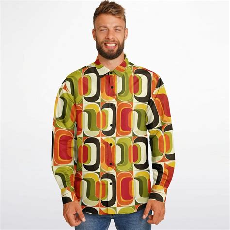 Mid Century Long Sleeve Men Button Up Shirt Colorful Orange Red Retro