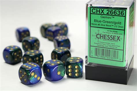 Hammerhouse Chx 26636 Chessex Gemini 16mm D6 Blue Greengold Dice