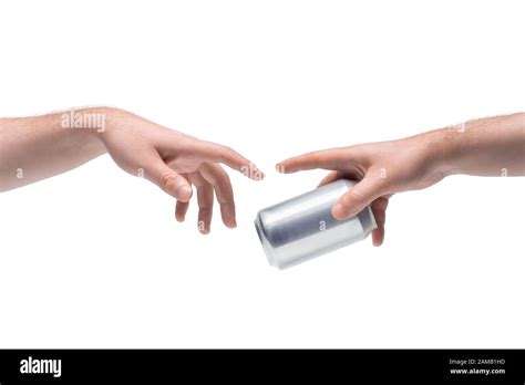 Two Male Hands Passing One Another Blank Metallic Soda Can On White