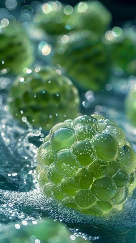 Vibrant Green Spherical Algae With Water Droplets Macro Photography For