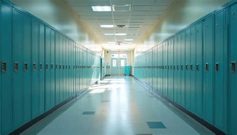 Empty High School Hallway With Rows Of Blue Lockers Corridor With Blue