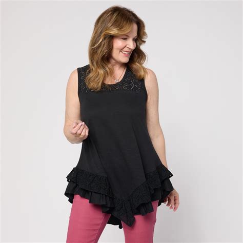 Dg2 By Diane Gilman Mixed Media Eyelet Knit Ruffled Tank Hsn