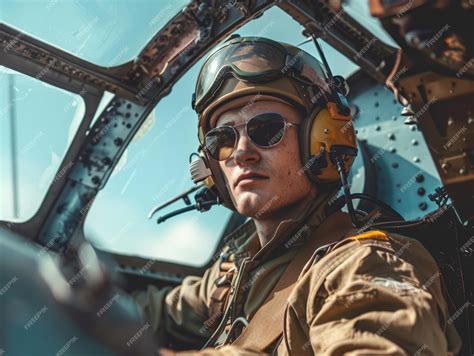 A Fighter Pilot Wearing Sunglasses And Helmet Inside A Cockpit During