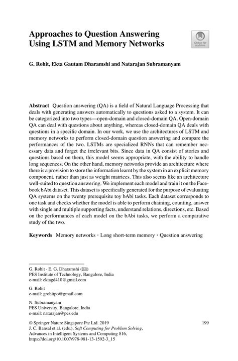 Pdf Approaches To Question Answering Using Lstm And Memory Networks