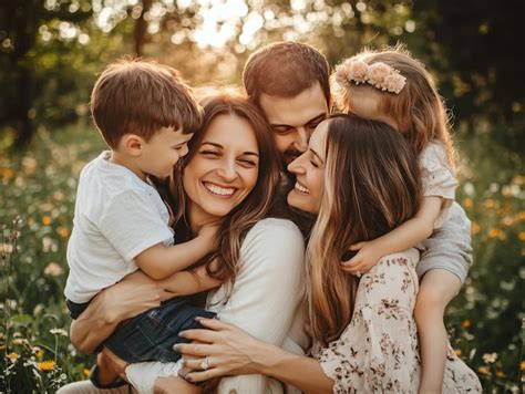 Família Feliz Mãe Pai Filho E Filha Abraçados No Parque Imagem