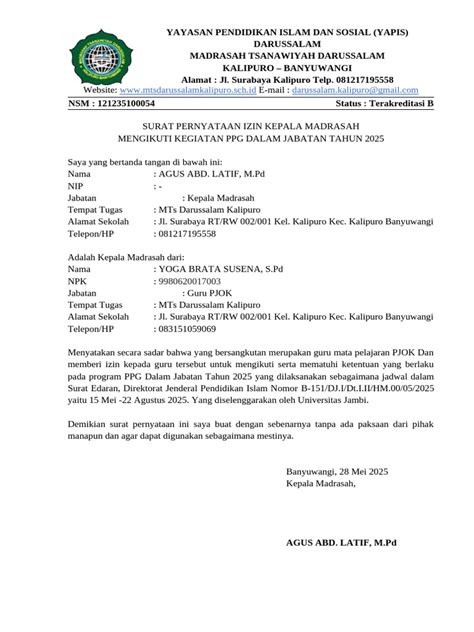 Izin Ppg 2025 Untuk Guru Pjok Mts Darussalam Pdf