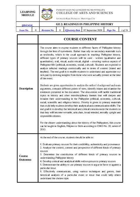 Module Ge 2 Readings In Philippine History Learning Module College Of Arts And Sciences