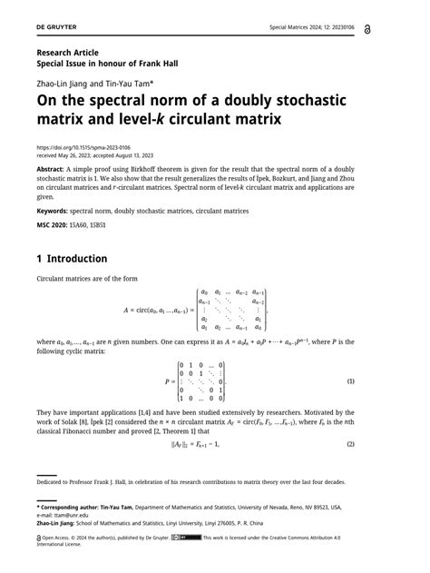 Pdf On The Spectral Norm Of A Doubly Stochastic Matrix And Level K