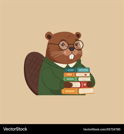 Cartoon Beaver Wearing Glasses Holding A Stack Vector Image
