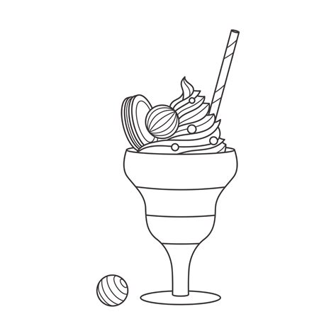 Outline Whipped Ice Cream With Cookie Candy And Straw In A Cream Bowl