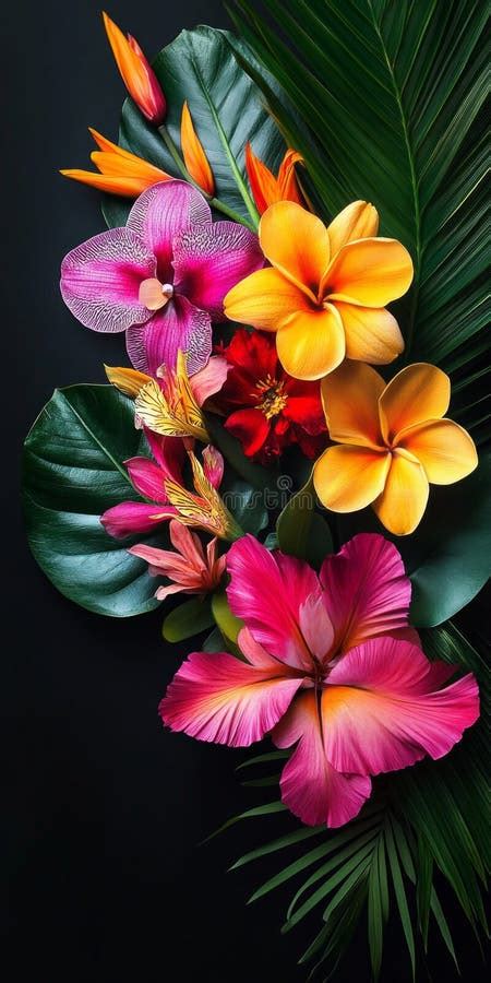 Vibrant Tropical Flowers Arranged Beautifully Against A Dark Background