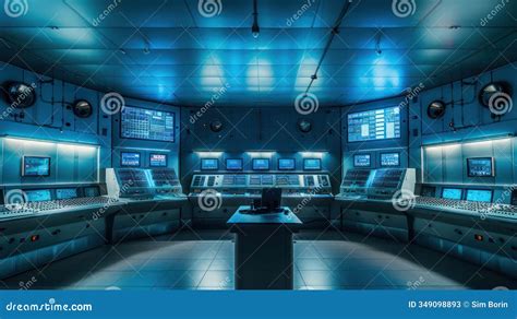 Modern Control Room At Night Many Computer Screens Display Data Surveillance Footage
