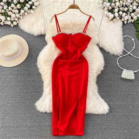 Elegant Red Satin Cocktail Dress With Pearl Detail On Luulla