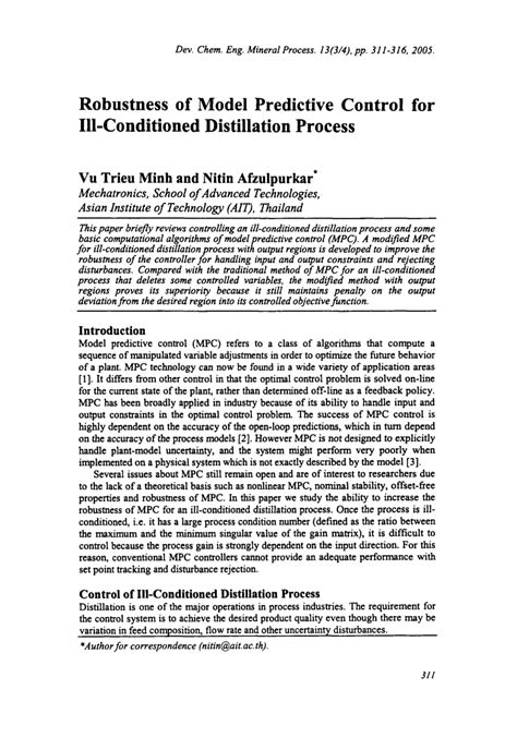 Pdf Robustness Of Model Predictive Control For Ill‐conditioned Distillation Process