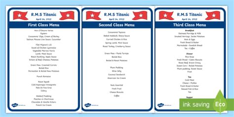 Titanic First Second And Third Class Role Play Menus