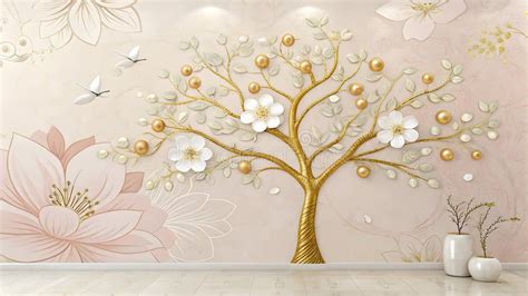 3d Wallpaper Mural Tree With Golden Stem And Pearls Stock Illustration