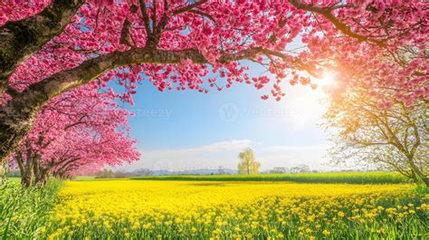 Pink Cherry Blossoms Over A Field Of Vibrant Yellow Flowers 66492836