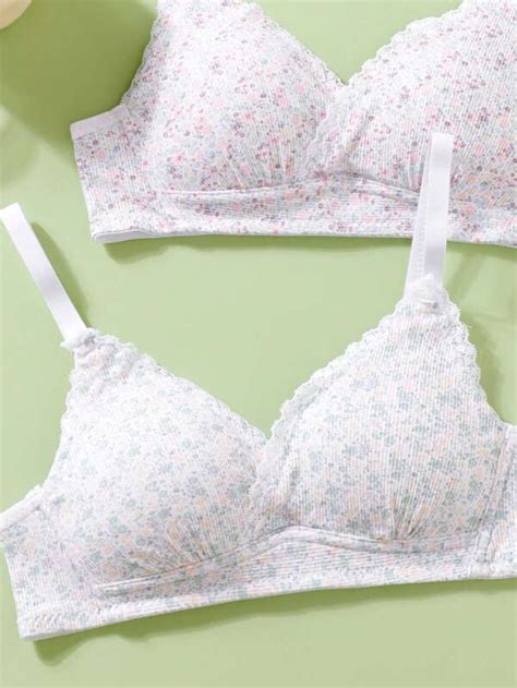 Tween Girl 2pcs Ditsy Floral Print Contrast Lace Underwire Bra Shein Uk