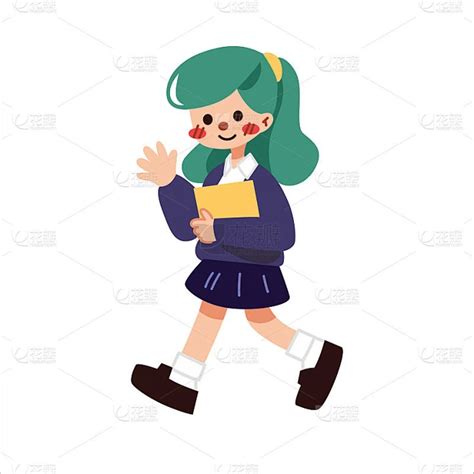 一个可爱的女孩走到学校校服白色孤立的背景平面矢量插图。欢迎回到学校的概念。素材 花瓣网