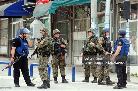 Macedonian Police Patrol In Kumanovo North Of The Capital Skopje On