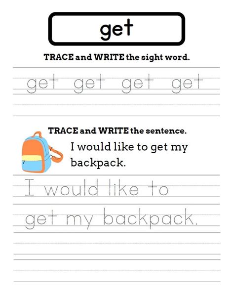 Sight Word Get Trace And Write Sentence Worksheet Download And Print Now