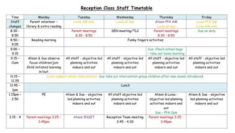 Reception Staff Timetable Early Years Classroom Education Support