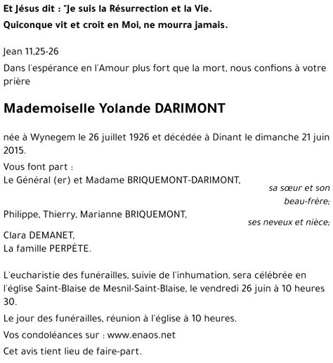 Avis De Décès De Yolande Darimont Décédé Le 21 06 2015 à Dinant