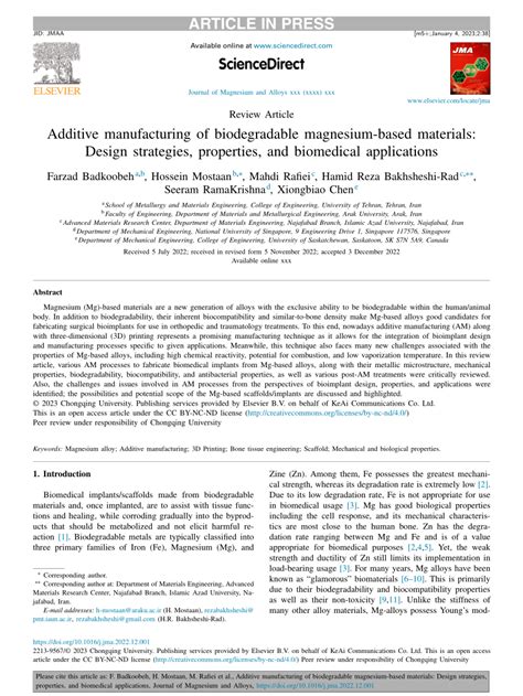 Pdf Additive Manufacturing Of Biodegradable Magnesium Based Materials