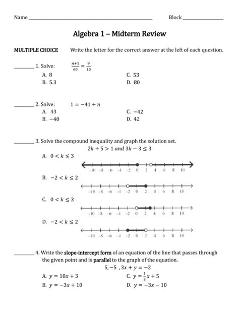 Algebra 1 Midterm Review Equations Inequalities And More