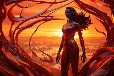 Vista De Cima De Uma Super Heroína No Pôr Do Sol No Estilo De