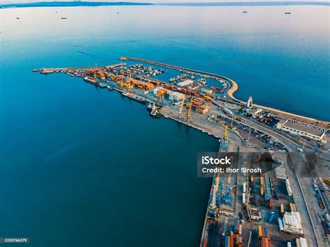 Aerial View Of Durrës Commercial Port And Container Terminal At Sunset