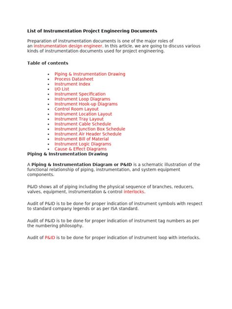 List Of Instrumentation Project Engineering Documents Pdf