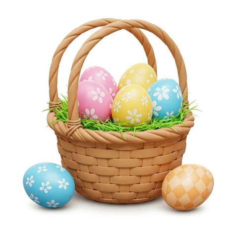 3d Easter Basket With Pastel Eggs And Straw Fillers Stock Illustration
