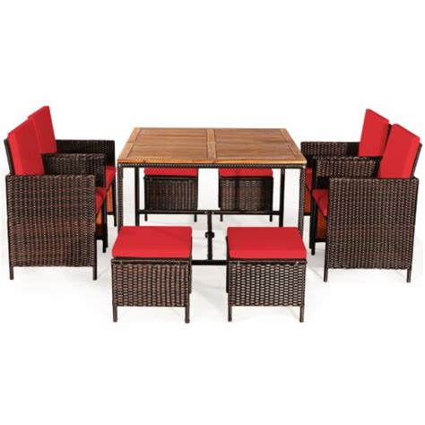 9pc Rattan Wicker Patio Dining Set Outdoor Furniture Set W Red Cushion